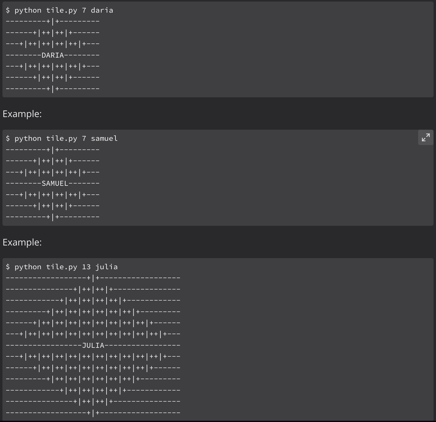 Solved Example: \$ python tile.py 4 tommy Error: tile height | Chegg.com