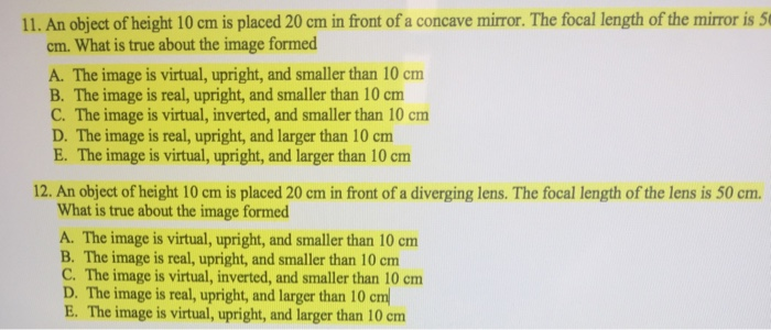 Solved 11. An object of height 10 cm is placed 20 cm in | Chegg.com