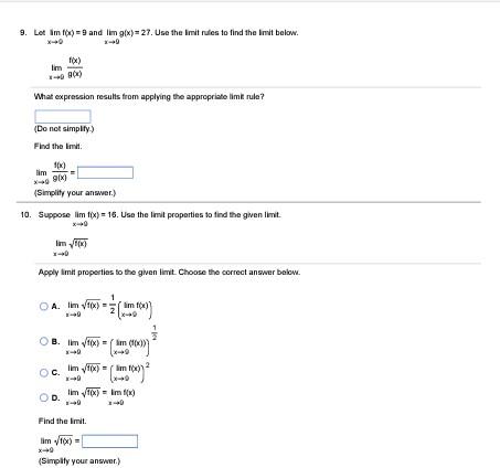 Solved 9. Let lim fx)=9 and lim g(x)=27. Use the limit rules | Chegg.com