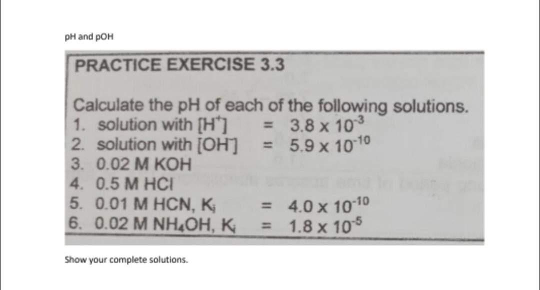 Solved PRACTICE EXERCISE 3.3 Calculate the pH of each of the | Chegg.com