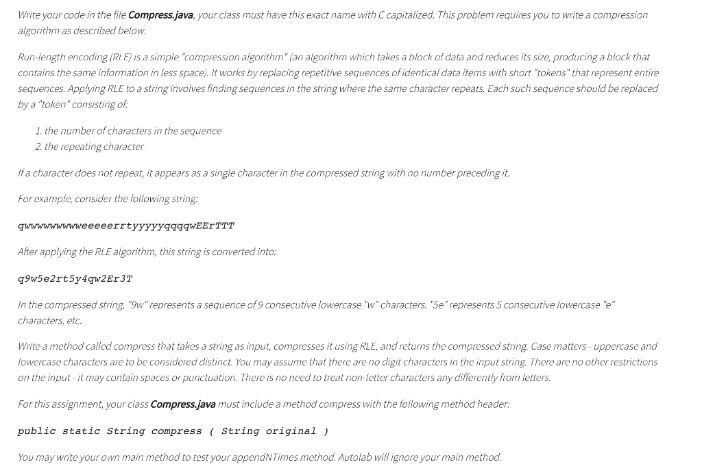 Solved Write your code in the file Compress.java, your class | Chegg.com