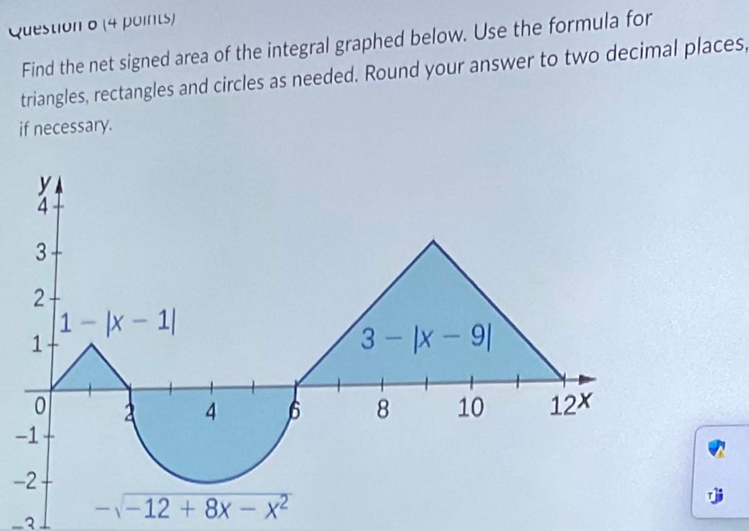 Solved Question o (4 points) Find the net signed area of the | Chegg.com