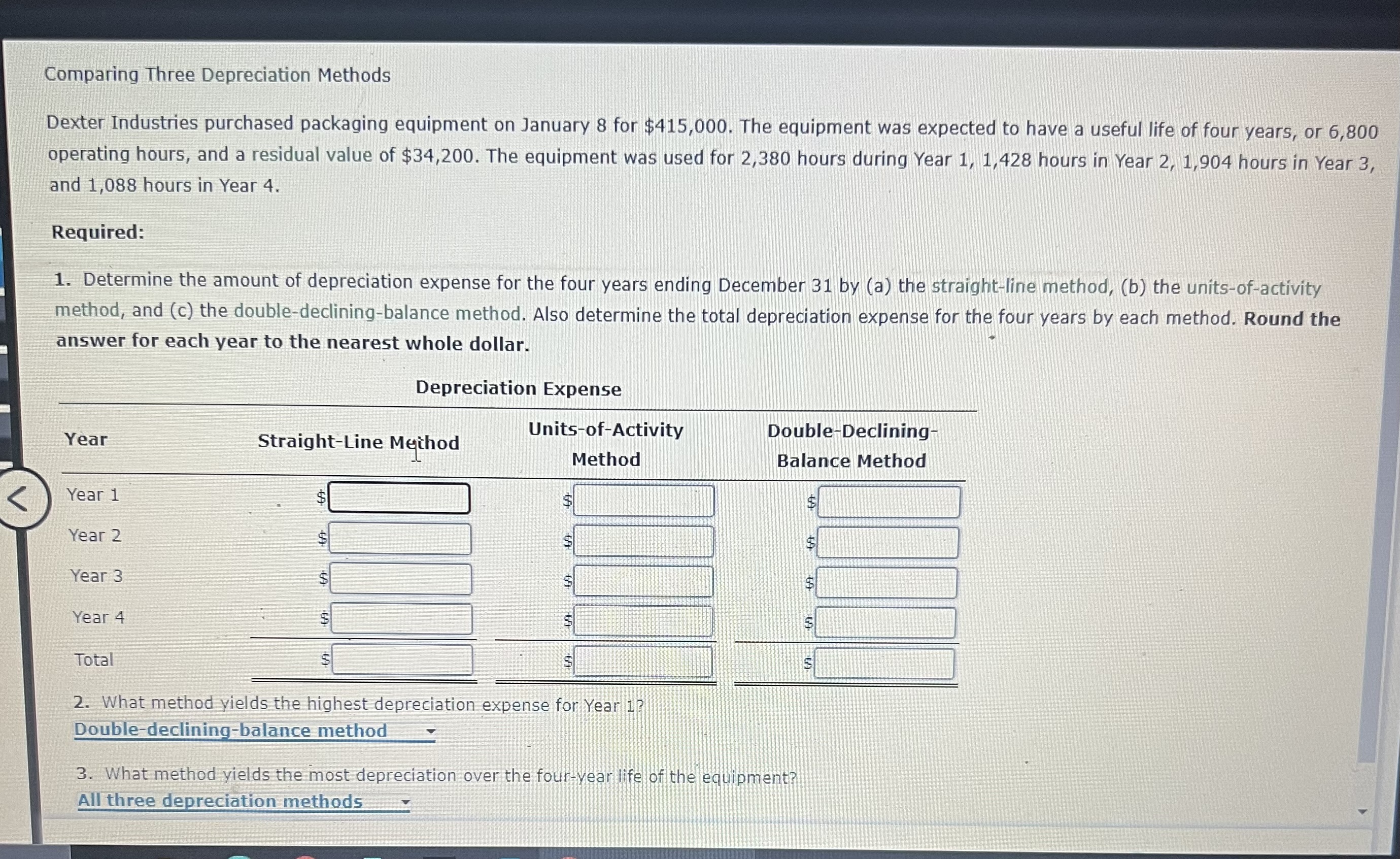 Solved Comparing Three Depreciation MethodsDexter Industries | Chegg.com