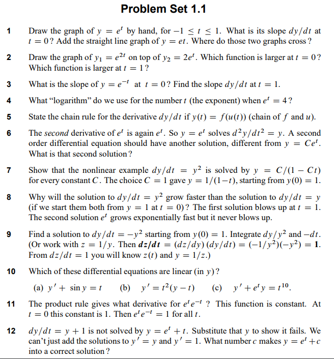 Solved Problem Set 1.11 ﻿Draw the graph of y=et ﻿by hand, | Chegg.com