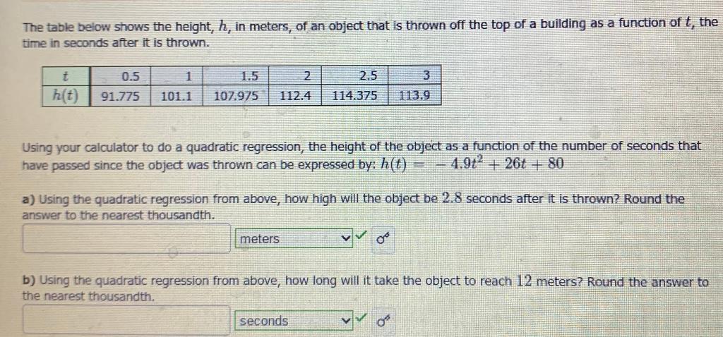 Solved The table below shows the height, h, in meters, of an | Chegg.com