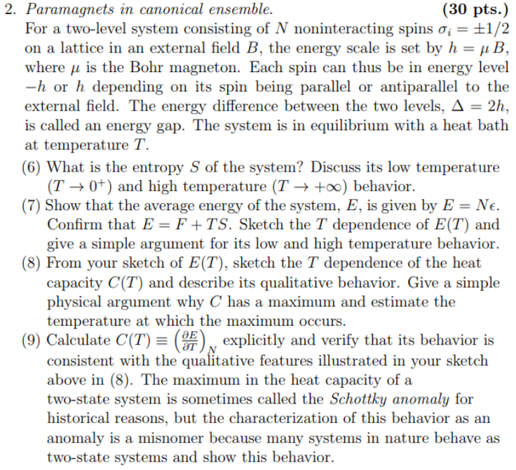 Solved (30 pts.) 2. Paramagnets in canonical ensemble. For a | Chegg.com