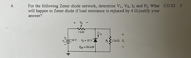 Solved For the following Zener diode network, determine | Chegg.com