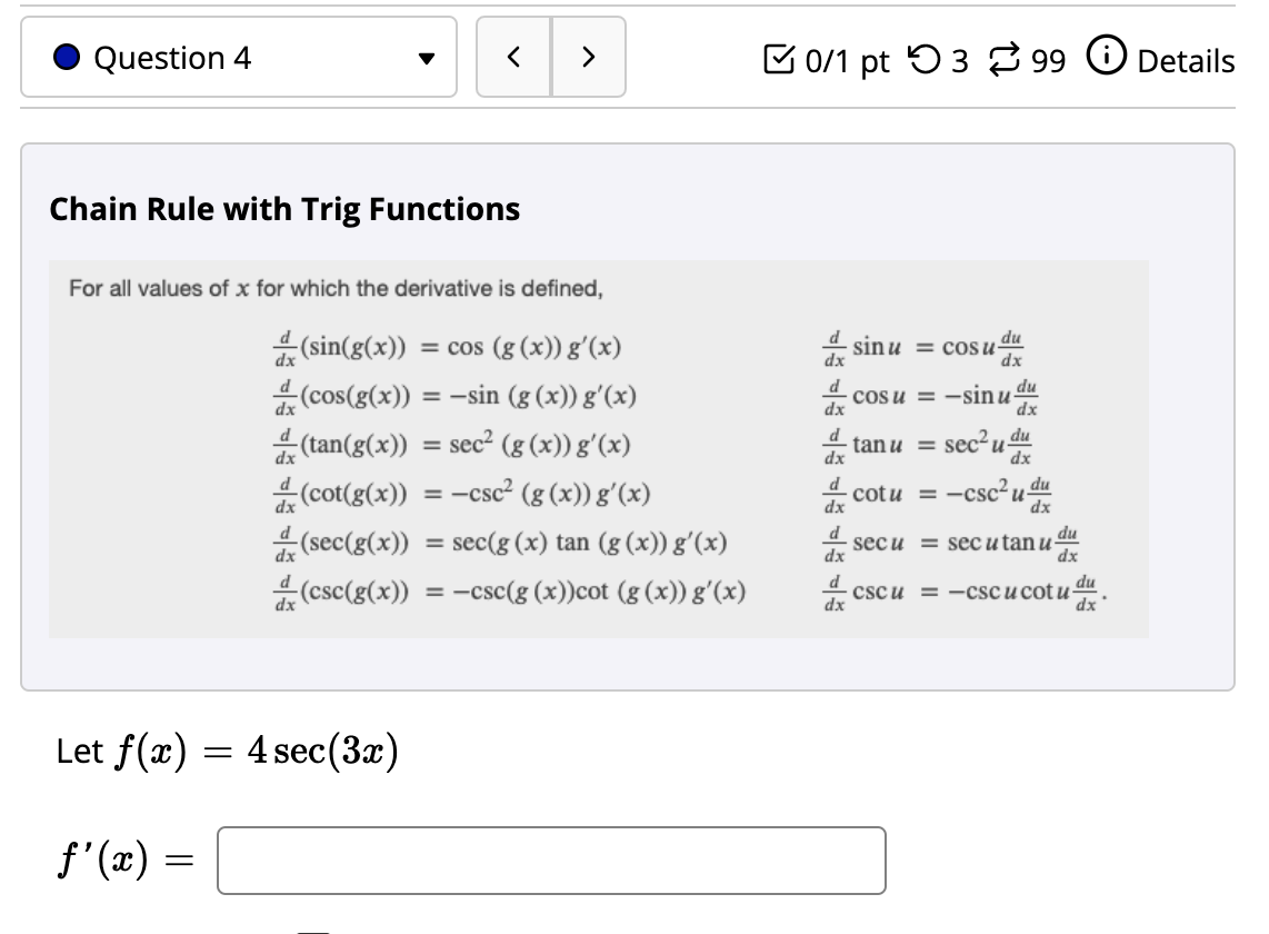 Solved Question 4 B0/1 pt 53 99 0 Details Chain Rule | Chegg.com
