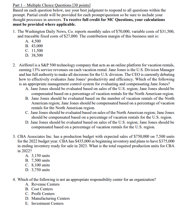 Solved Part 1 - Multiple Choice Questions (30 points) Based | Chegg.com