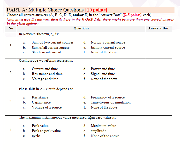 Solved PART A: Multiple Choice Questions (10 points] Choose | Chegg.com