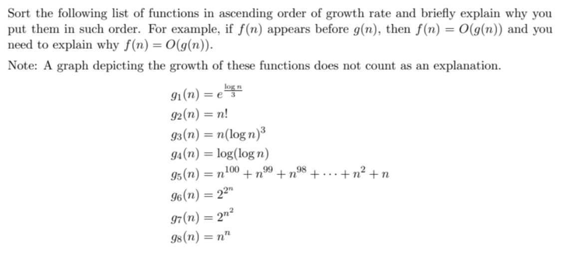 Solved Sort the following list of functions in ascending | Chegg.com