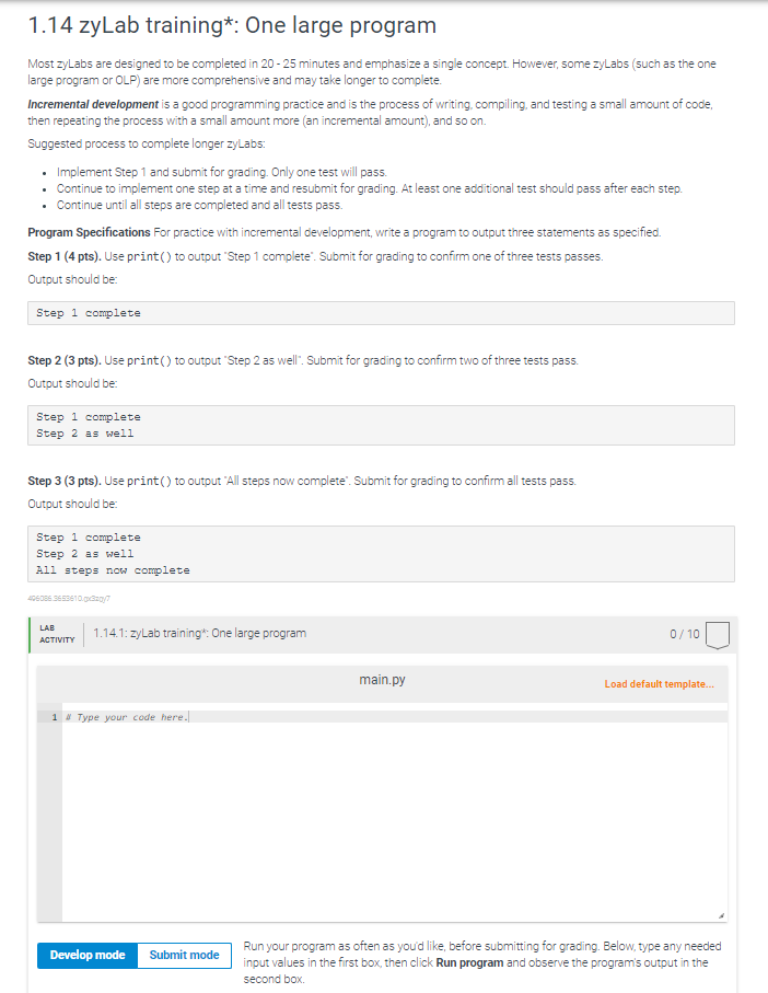 Solved 1.14 zyLab training*: One large program Most zyLabs | Chegg.com