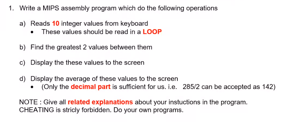Solved 1. Write a MIPS assembly program which do the | Chegg.com