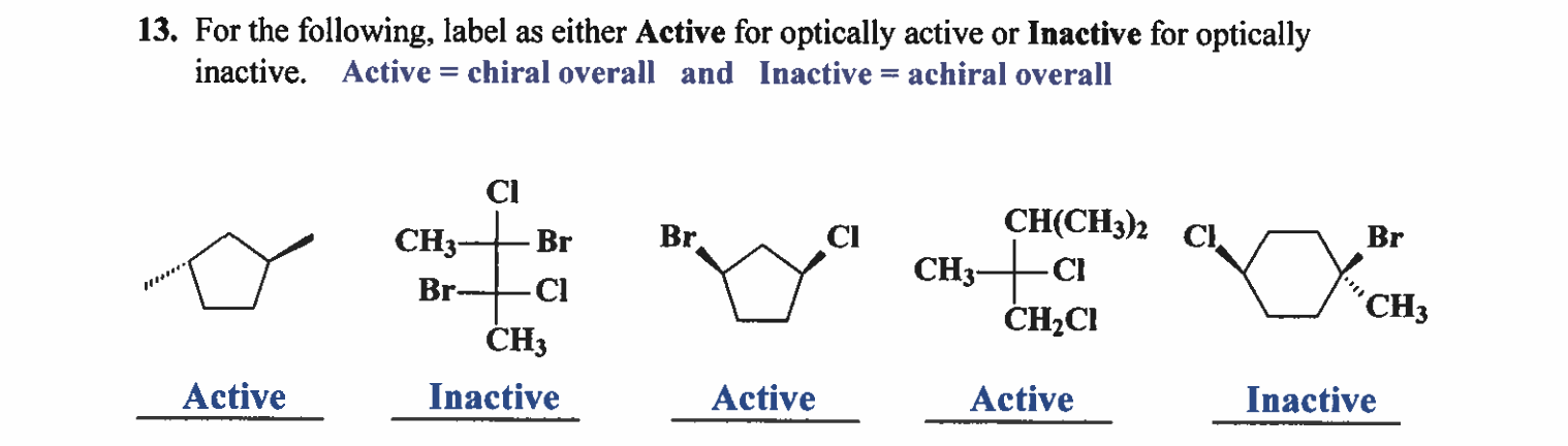 Solved 13. For the following, label as either Active for | Chegg.com