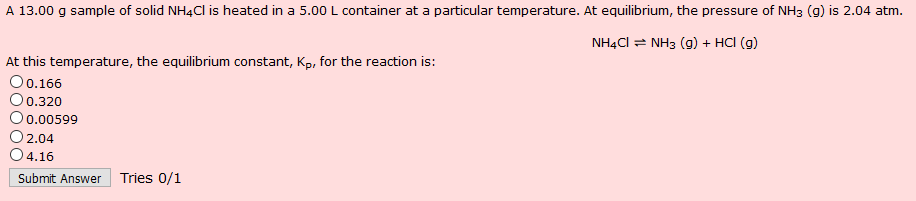Solved A 13.00 g sample of solid NH4Cl is heated in a 5.00 L | Chegg.com