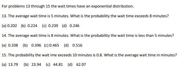 Solved For problems 13 through 15 the wait times have an | Chegg.com