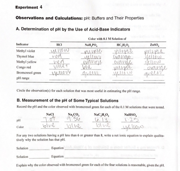 Solved Experiment 4 Observations and Calculations: pH: | Chegg.com