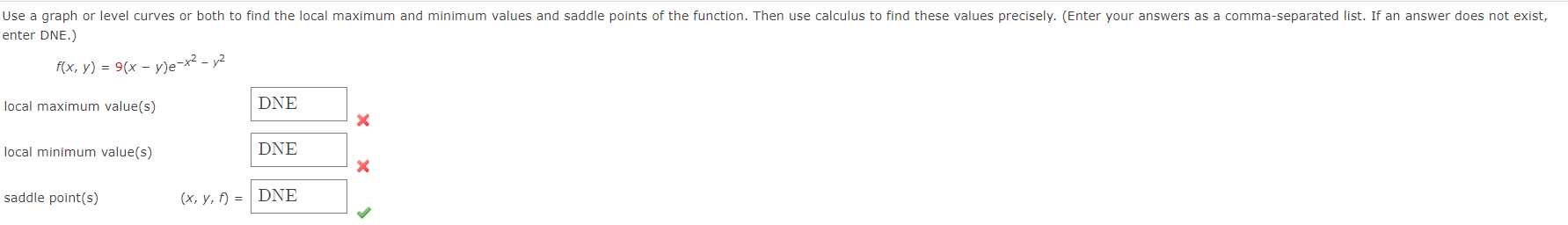Solved enter DNE.) f(x,y)=9(x−y)e−x2−y2 local maximum | Chegg.com