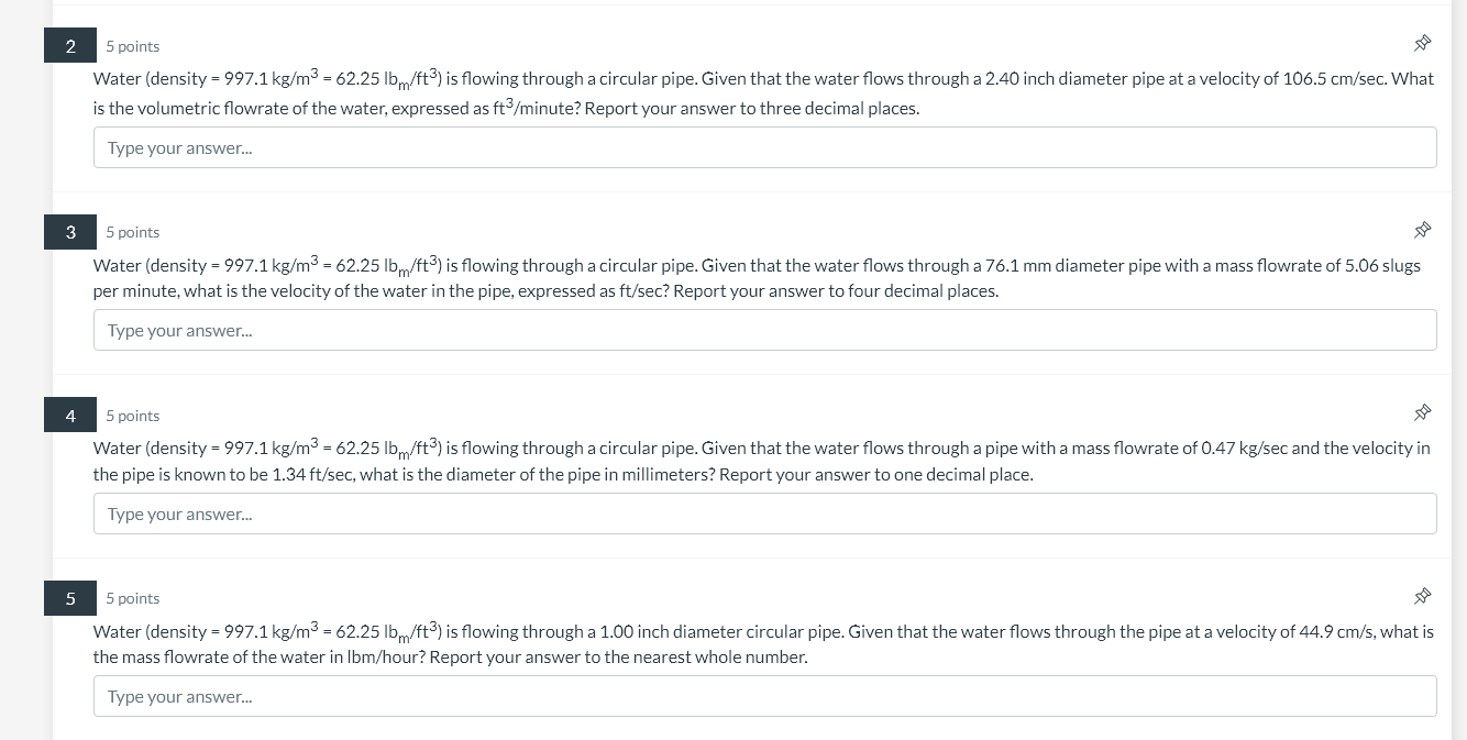 Solved 5 points Water (density =997.1 kg/m3=62.25lb/m3 ) is | Chegg.com