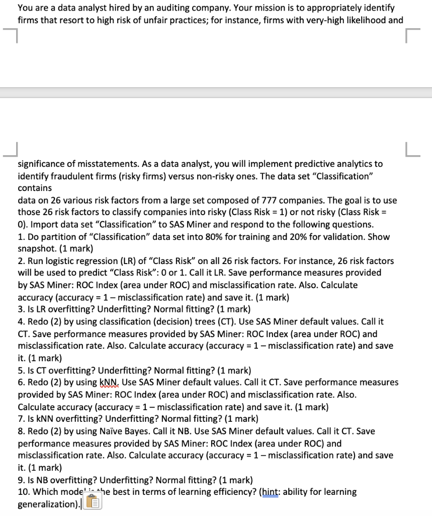 Solved You are a data analyst hired by an auditing company. | Chegg.com