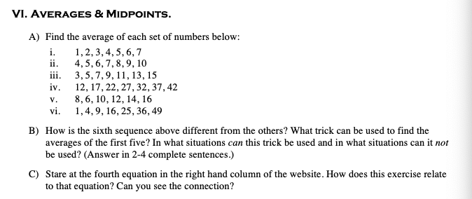 Solved VI. AVERAGES & MIDPOINTS. A) Find the average of each | Chegg.com