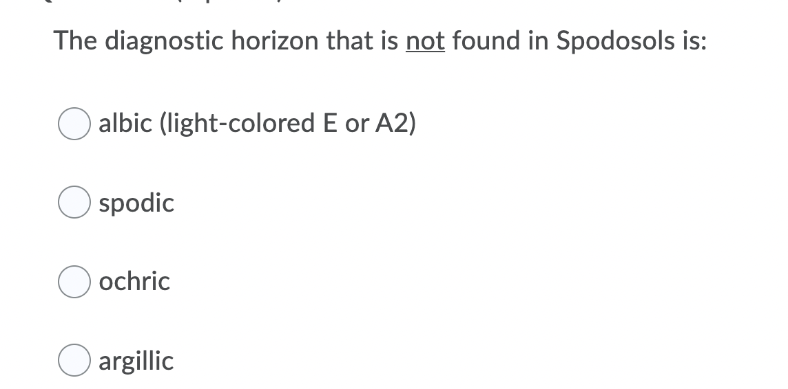 Solved The diagnostic horizon that is not found in Spodosols | Chegg.com