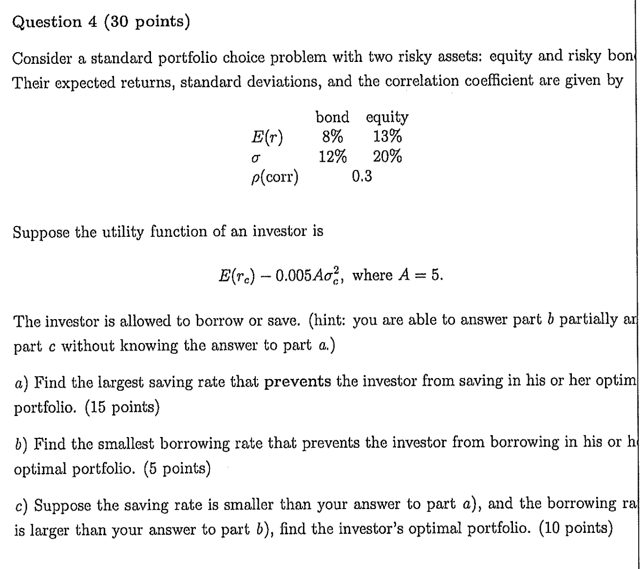 Solved Question 4 30 ﻿points Consider A Standard Portfolio