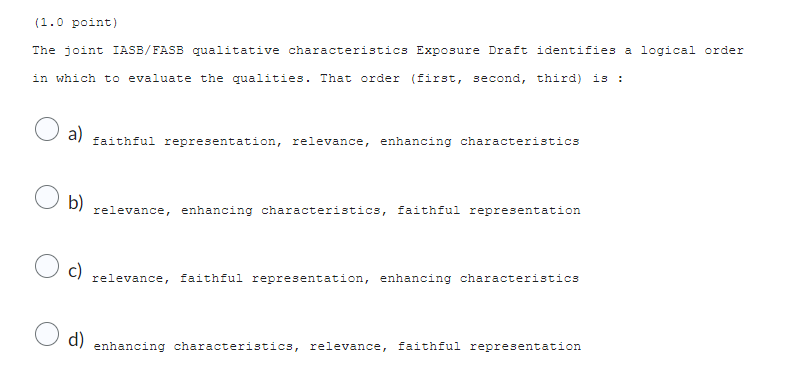 Solved (1.0 ﻿point)The joint IASB/FASB qualitative | Chegg.com