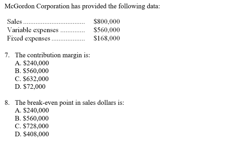Solved McGordon Corporation has provided the following data: | Chegg.com