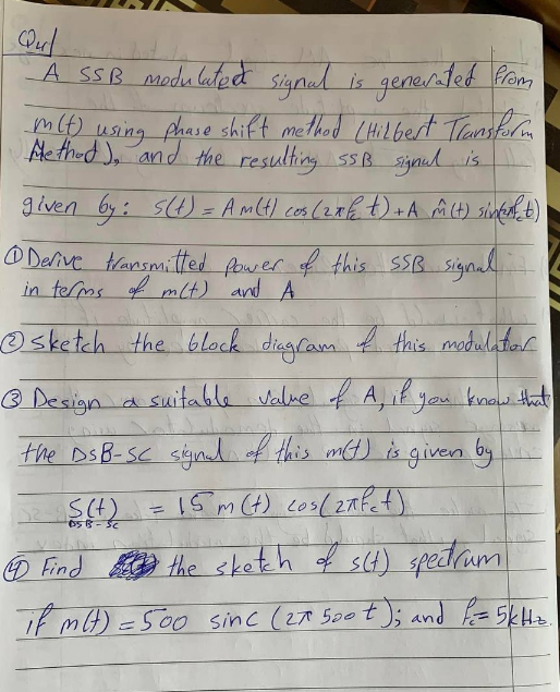 Solved Q4 A SSB modulated signal is generaled from m(t) | Chegg.com