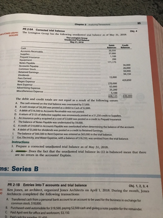 Solved 95 Chapter 2 Analyzing Transactions PR 2-5A Corrected | Chegg.com