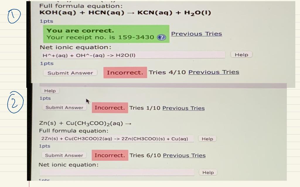 Solved Full formula equation: KOH(aq)+HCN(aq)→KCN(aq)+H2O(l) | Chegg.com