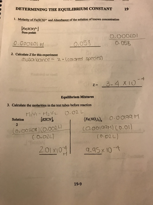 Solved DETERMINING THE EQUILIBRIUM CONSTANT 19 1. Molarity | Chegg.com