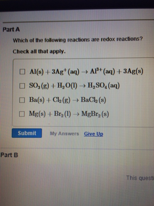 Solved Part A Which of the following reactions are redox | Chegg.com