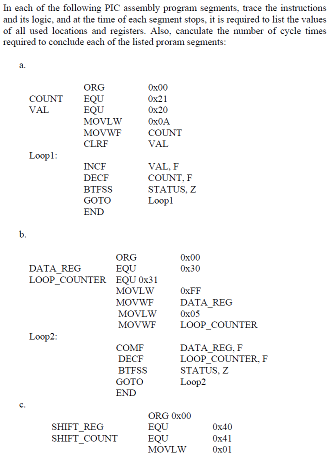 Solved In each of the following PIC assembly program | Chegg.com