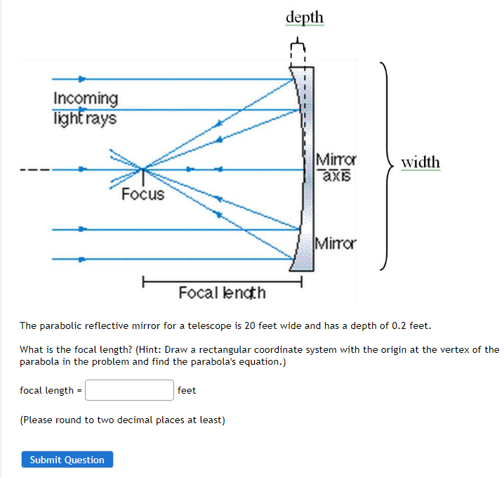 Solved The parabolic reflective mirror for a telescope is 20 | Chegg.com