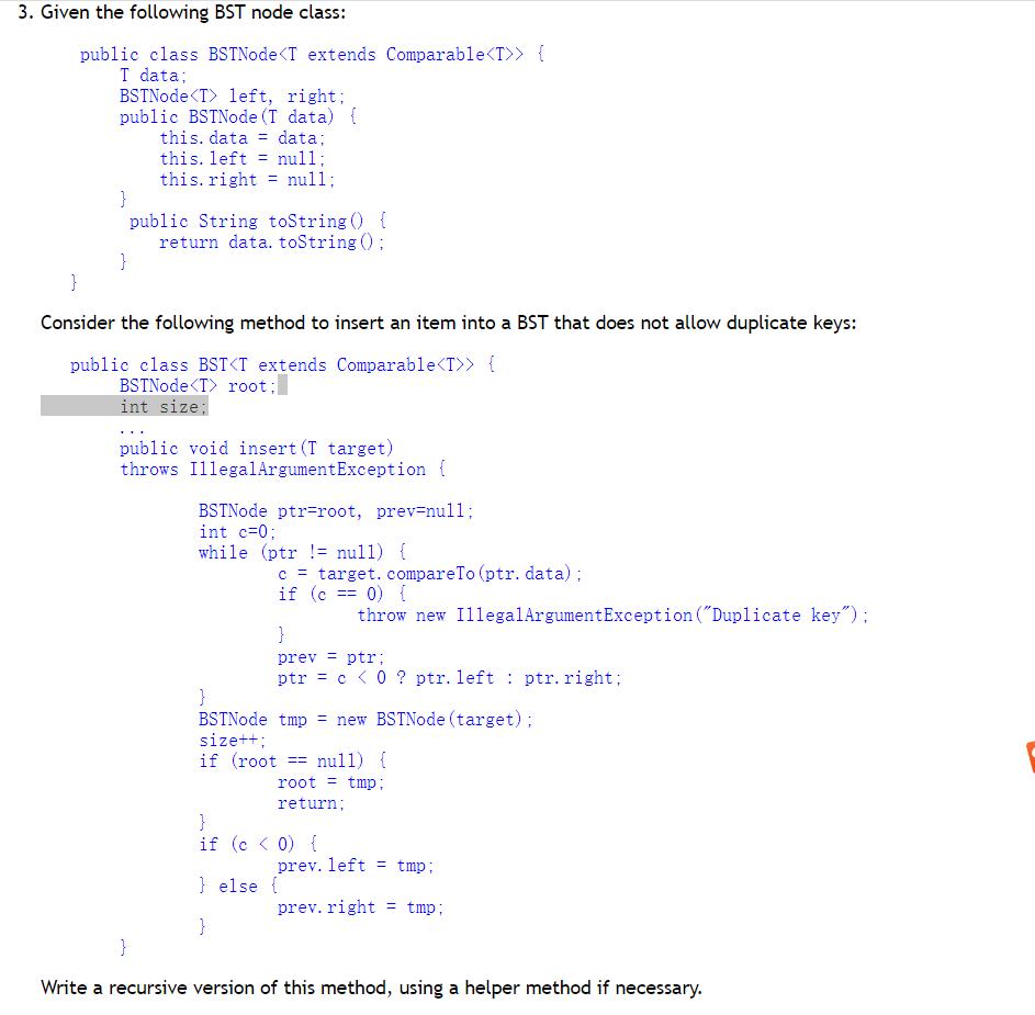 Solved 3. Given the following BST node class: public class | Chegg.com