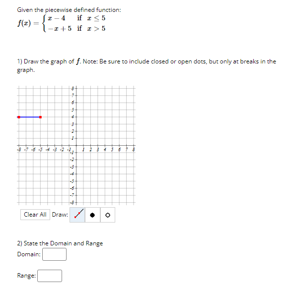 Solved Given the piecewise defined function: f(x)={x−4−x+5 | Chegg.com