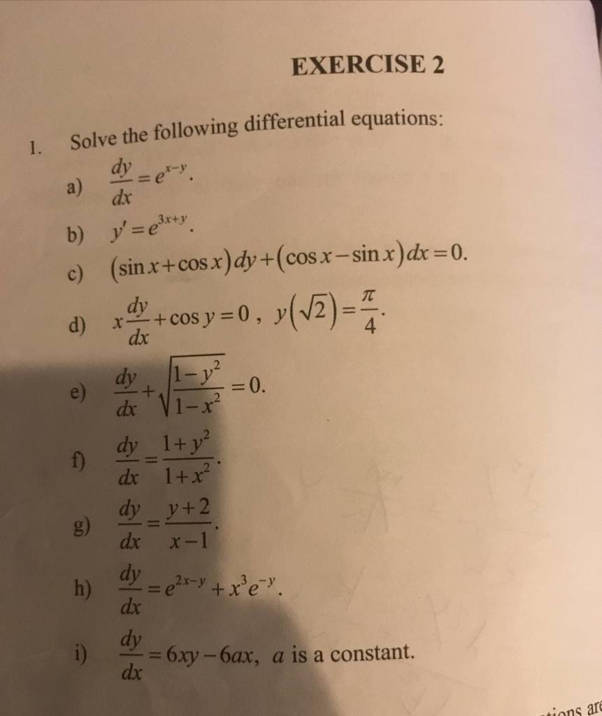 Solved EXERCISE 2 1. Solve the following differential | Chegg.com
