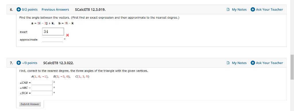 Solved 6. + 0/2 points Previous Answers SCalcET8 12.3.019. | Chegg.com