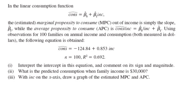 Solved In the linear consumption function cons = β0+ β,inc. | Chegg.com