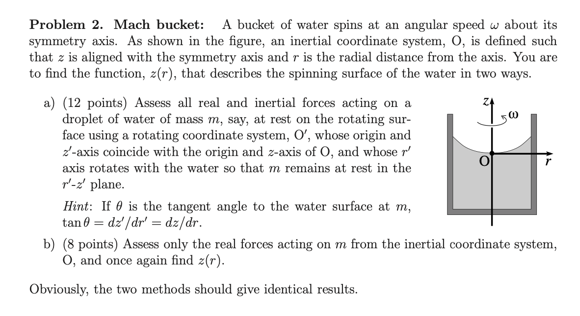 Solved Problem 2. Mach bucket: A bucket of water spins at an | Chegg.com