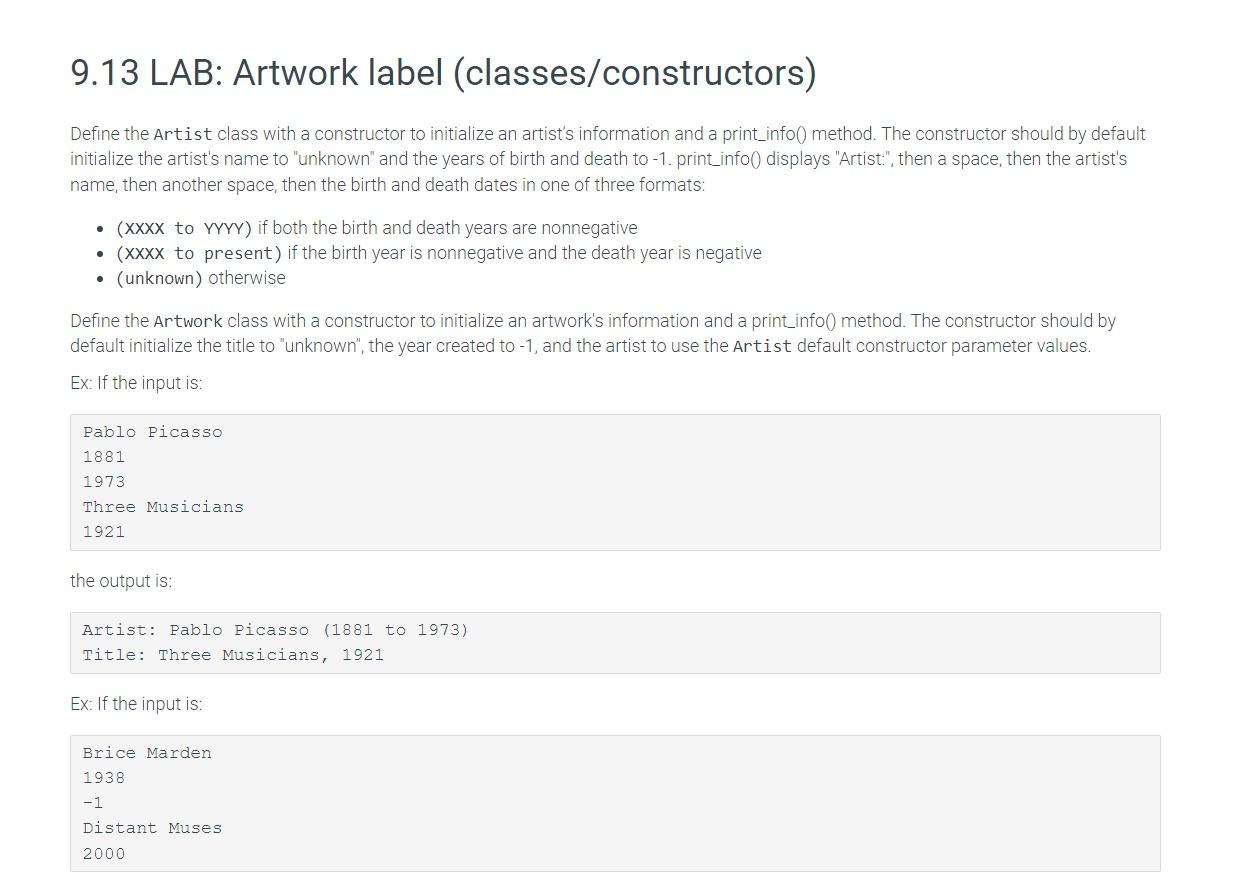Solved Define the Artist class with a constructor to | Chegg.com