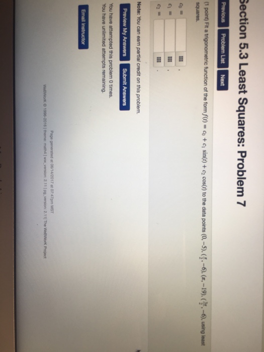 Solved Section 5.3 Least Squares: Problem 6 Previous Problem | Chegg.com