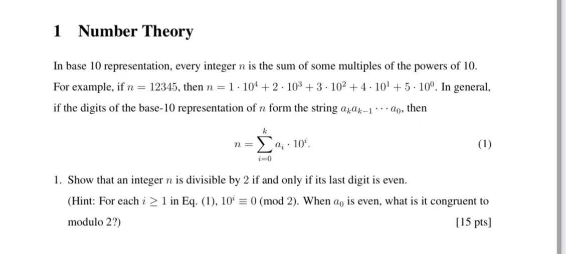 Solved 1 Number Theory In base 10 representation, every | Chegg.com