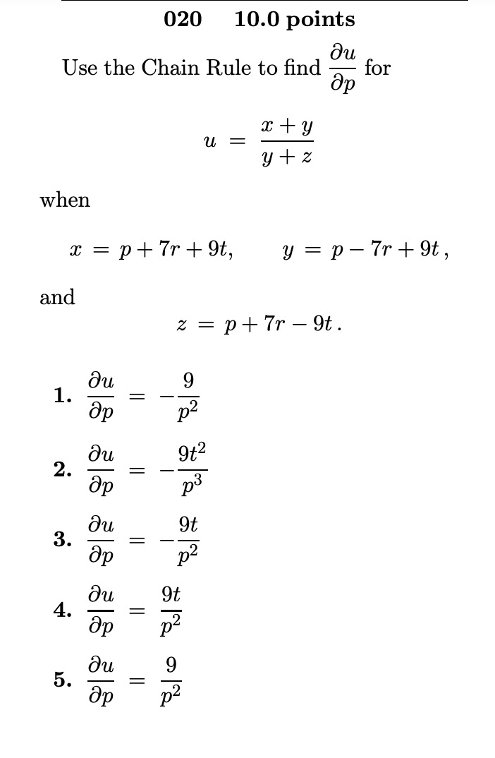 Solved 02010.0 points Use the Chain Rule to find ∂p∂u for | Chegg.com
