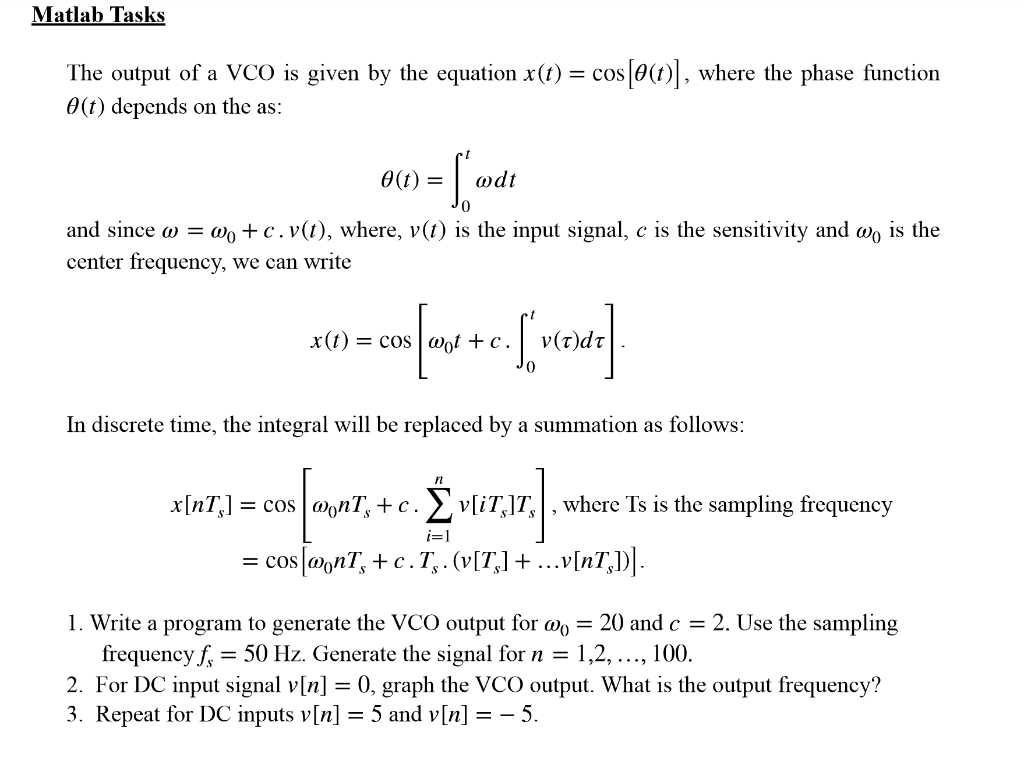 Solved Matlab Tasks The Output Of A Vco Is Given By The