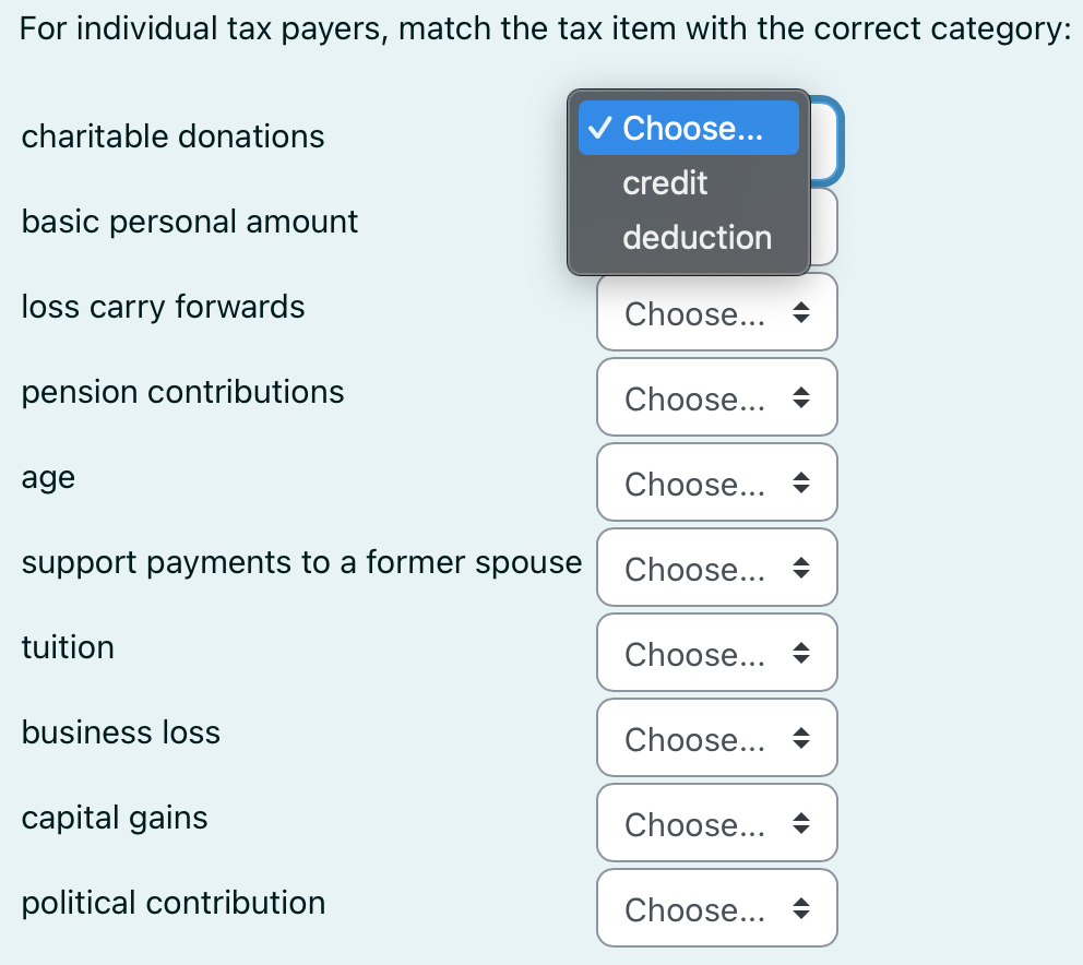 Solved For individual tax payers, match the tax item with | Chegg.com
