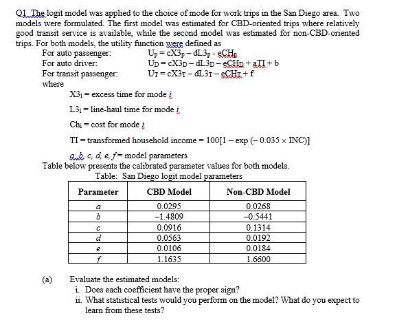 Solved Q1 The Logit Model Was Applied To The Choice Of Mode