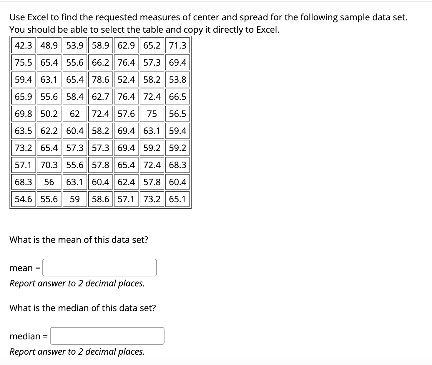 Solved Use Excel to find the requested measures of center | Chegg.com